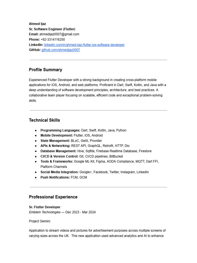 Ahmed Ijaz Flutter CV | PDF