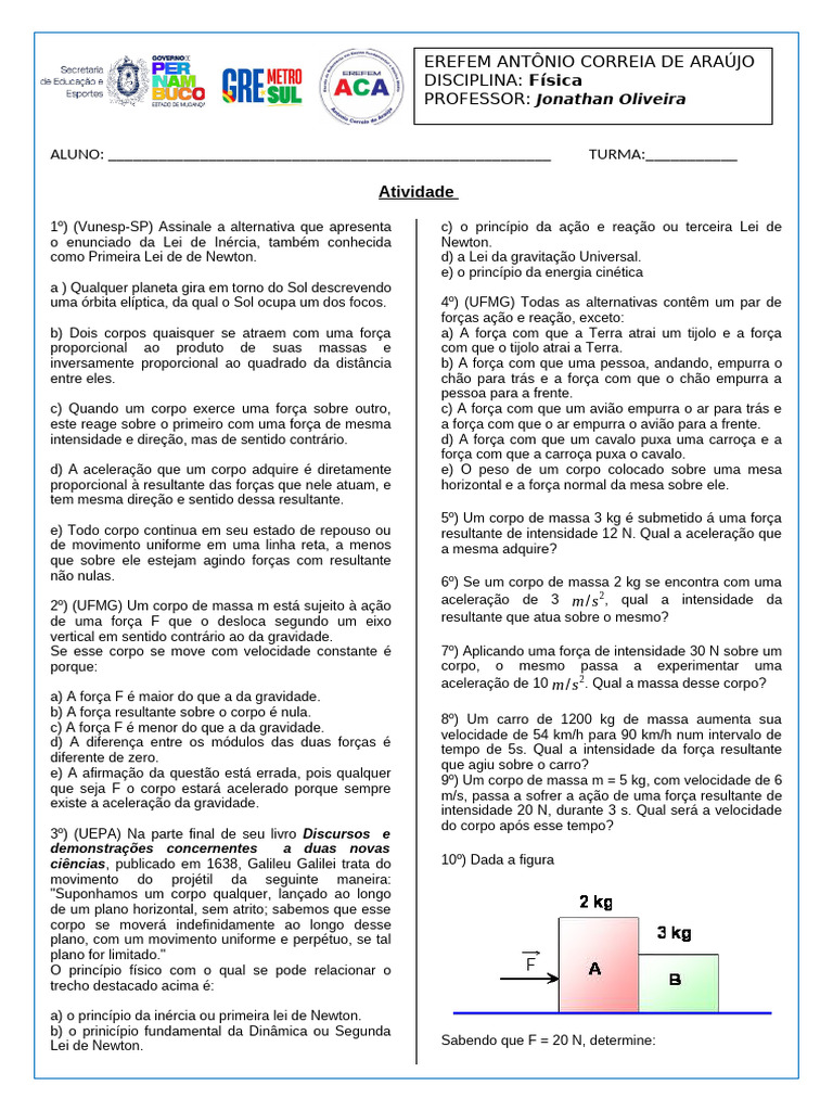 atividade leis de newton | PDF atividade leis de newton | PDF
