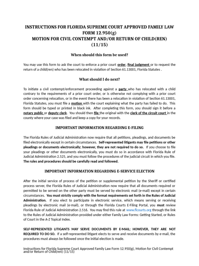Instructions For Florida Supreme Court Approved Family Law FORM 12.950 (G) Motion For Civil ...