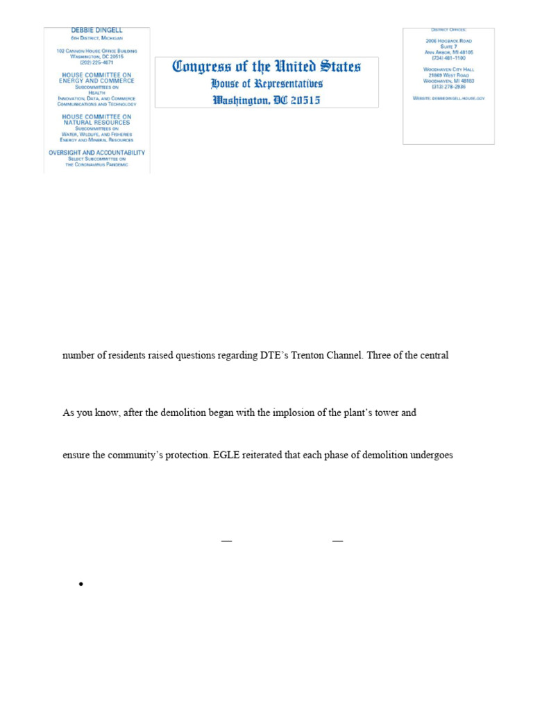 8.21.2024 Rep Dingell Letter To Dte On Trenton Channel | PDF ...