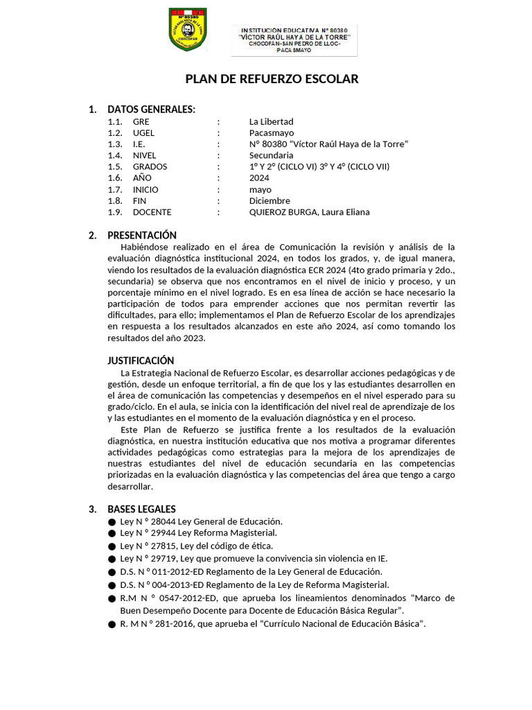 Formato Plan De Refuerzo Escolar Ie 80380 2024 Pdf