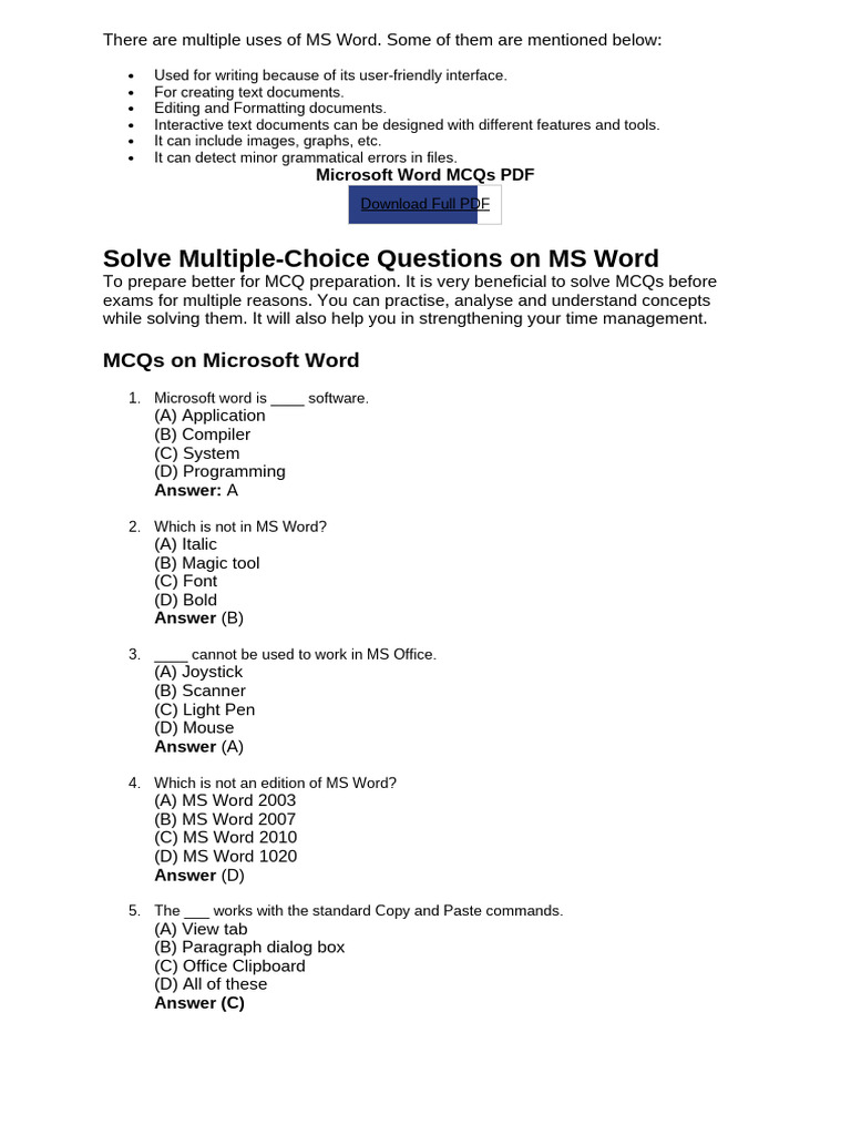 MS Word Uses and MCQs Guide | PDF | Microsoft Word | Microsoft Power Point