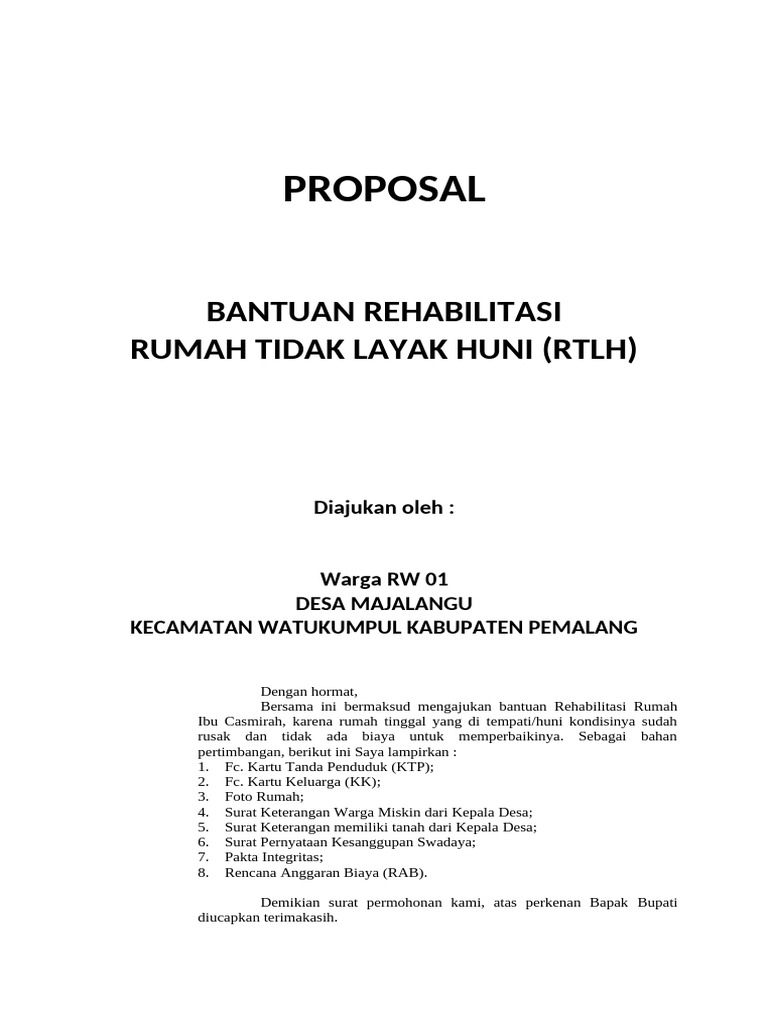 FORMAT PROPOSAL Perorangan RTLH Versi Perkim | PDF