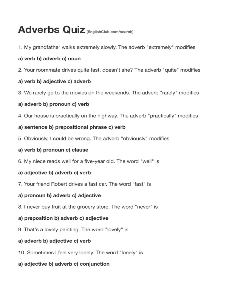 Adverbs Quiz - Grammar - EnglishClub | PDF