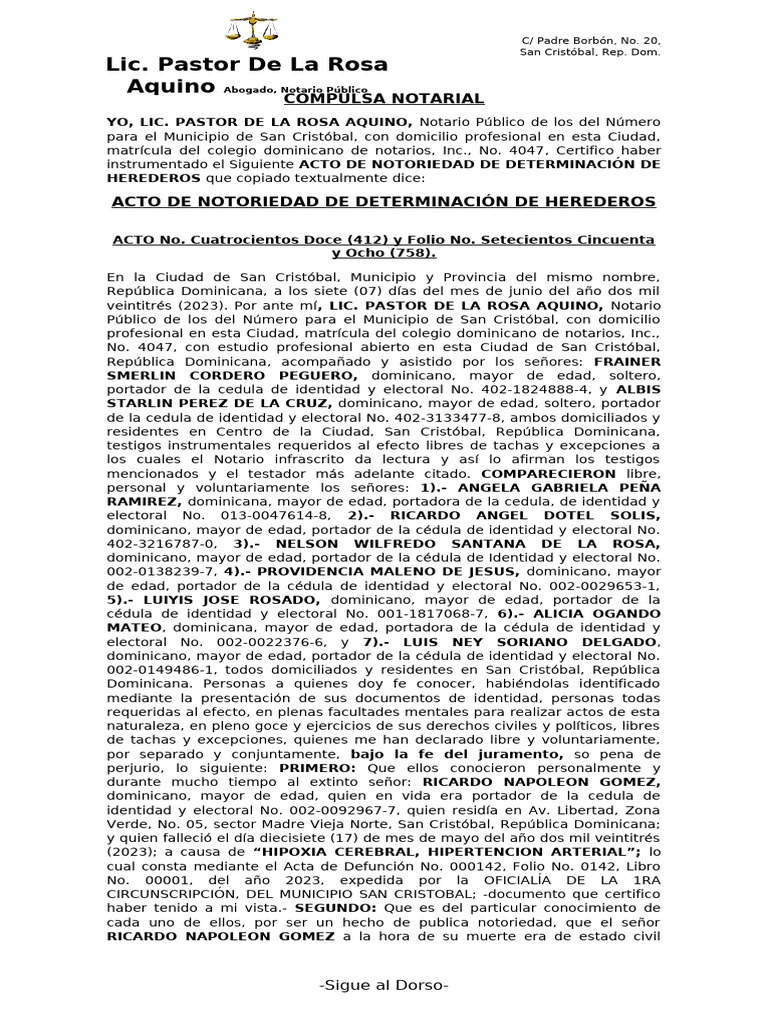 Compulsa Notarial - Acto de Notoriedad de Determinación de Herederos ...