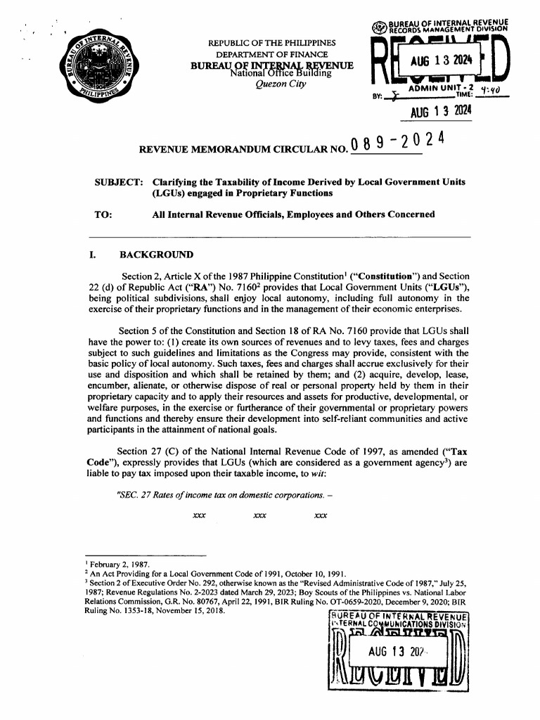 RMC 89-2024 Clarifying The Taxability of Income Derived by Local ...