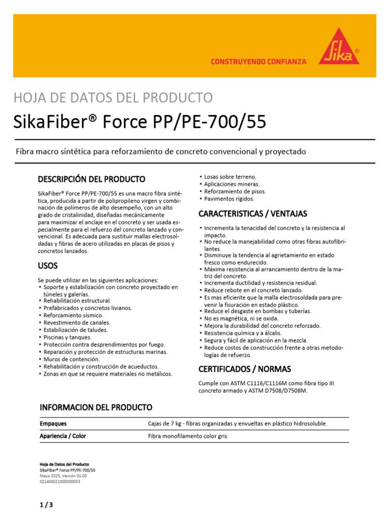 Fibra Sintética SikaFiber® Force PP/PE-700/55 | PDF | Química ...