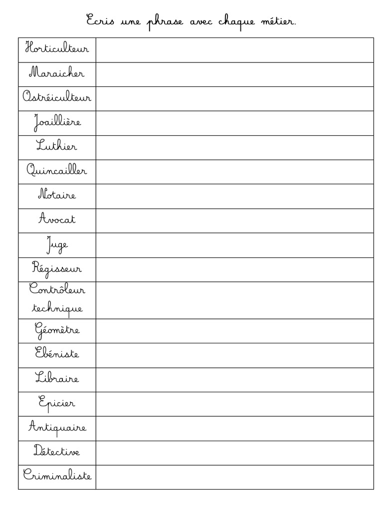 Ecris Une Phrase Avec Chaque Mc3a9tier | PDF