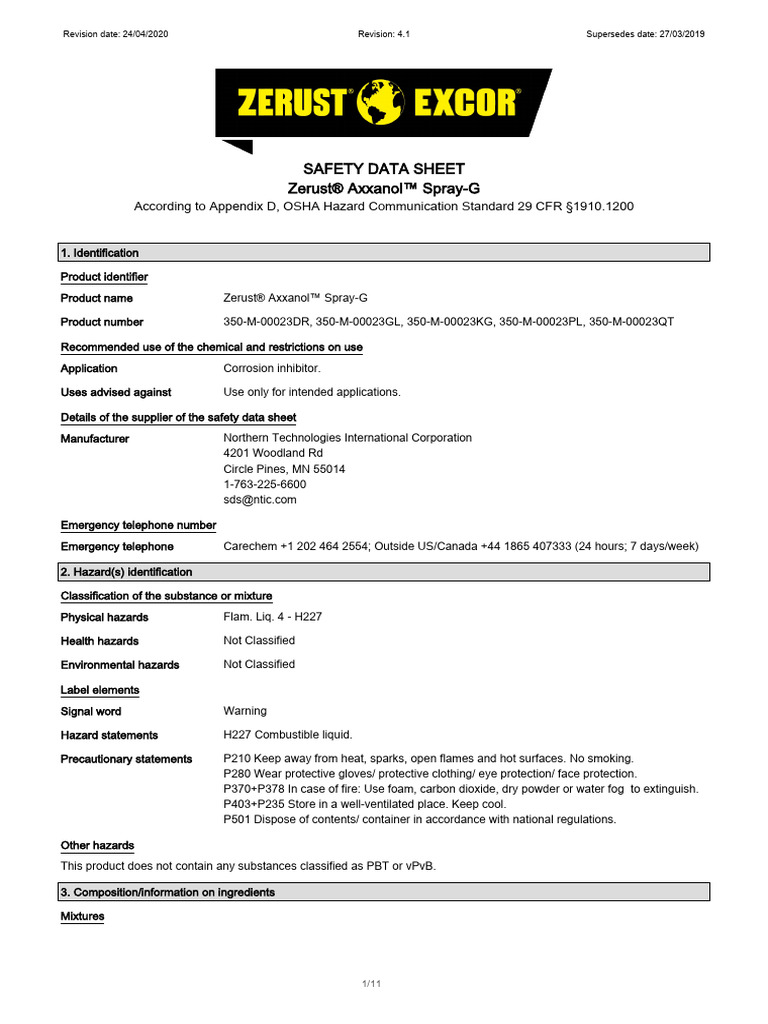 Zerust® Axxanol™ Spray-G-United States | PDF | Chemical Substances ...