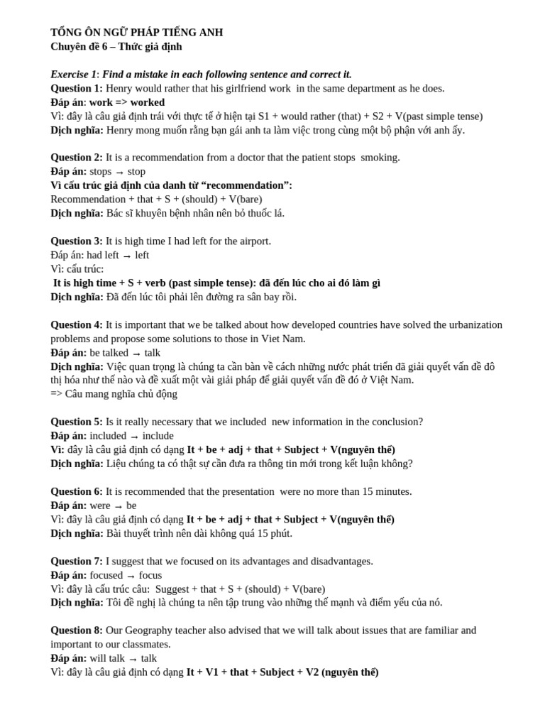 Đáp Án Tổng Ôn Ngữ Pháp Tiếng Anh CD6 Exercise | PDF