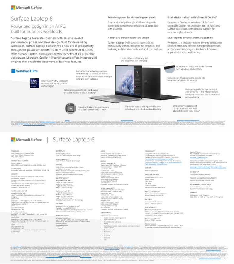 MSFT Microsoft Surface Laptop 6 Fact Sheet ROW | PDF | Laptop | Solid State Drive