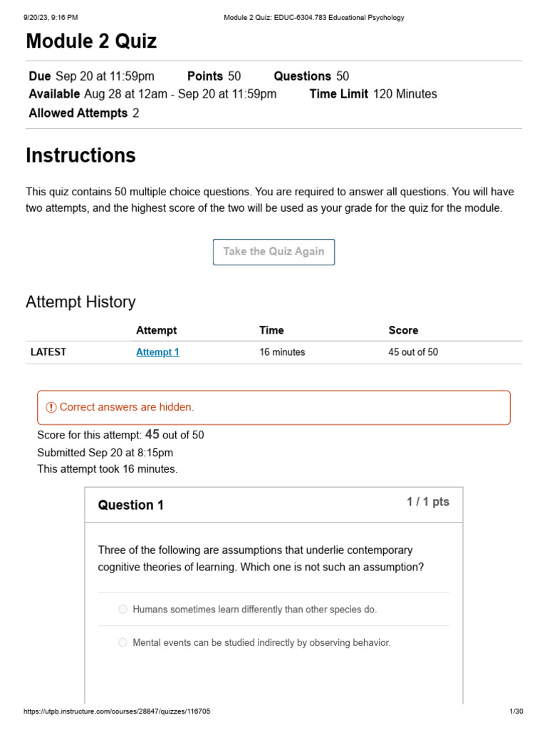 Module 2 Quiz - EDUC-6304.783 Educational Psychology | PDF