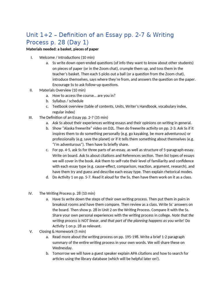 Unit 1+2 - Definition of An Essay Pp. 2-7 & Writing Process P. 28 (Day ...