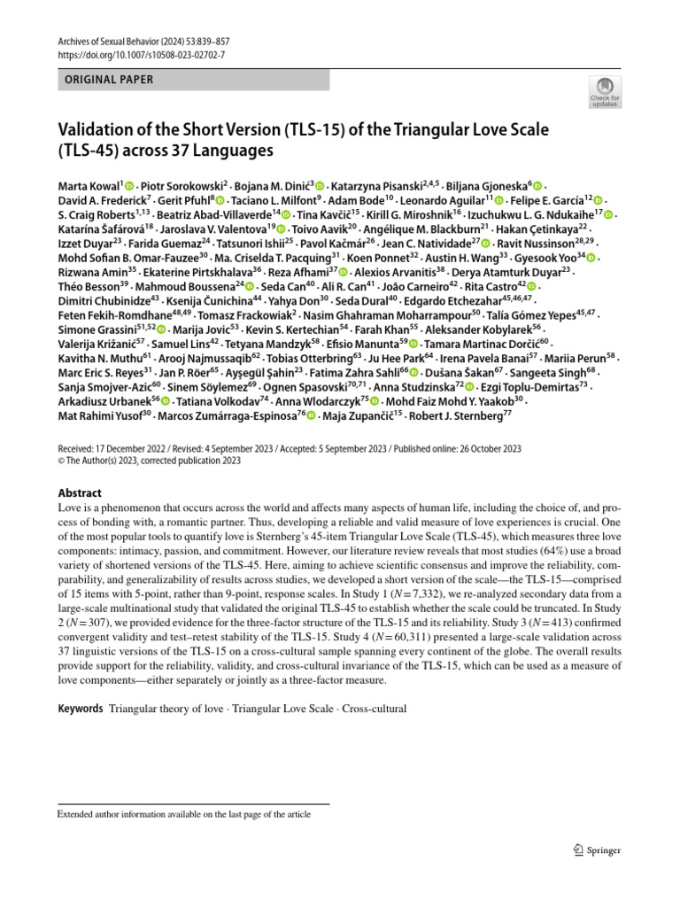 Validation of The Short Version (TLS-15) of The Triangular Love Scale (TLS-45) Across 37 ...