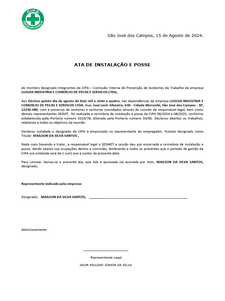 Modelo de Ata de Posse Da Cipa para Designado | PDF