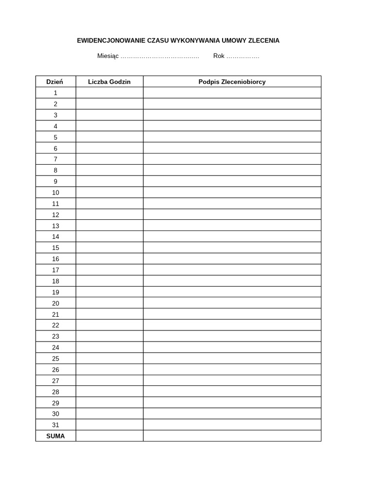 Wzór Ewidencjonowania Czasu Pracy Wykonywania Umowy Zlecenie | PDF