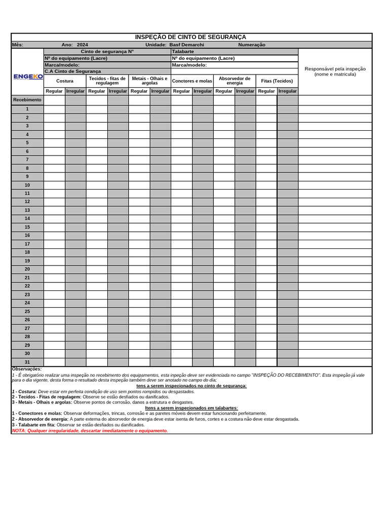 Check List - Cinto de Segurança Modelo Basf | PDF