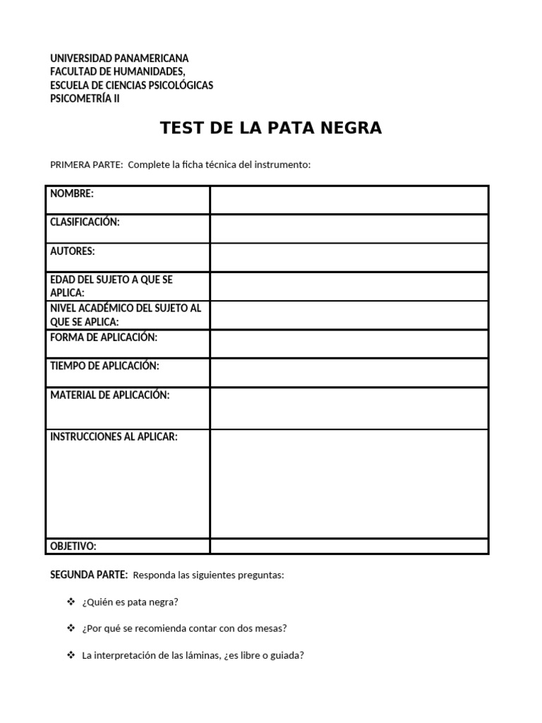 Test de La Pata Negra - Hoja de Trabajo | PDF