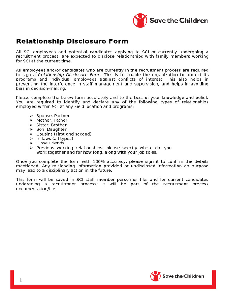 SCI Relationship Disclosure Form | PDF | Recruitment | Career & Growth