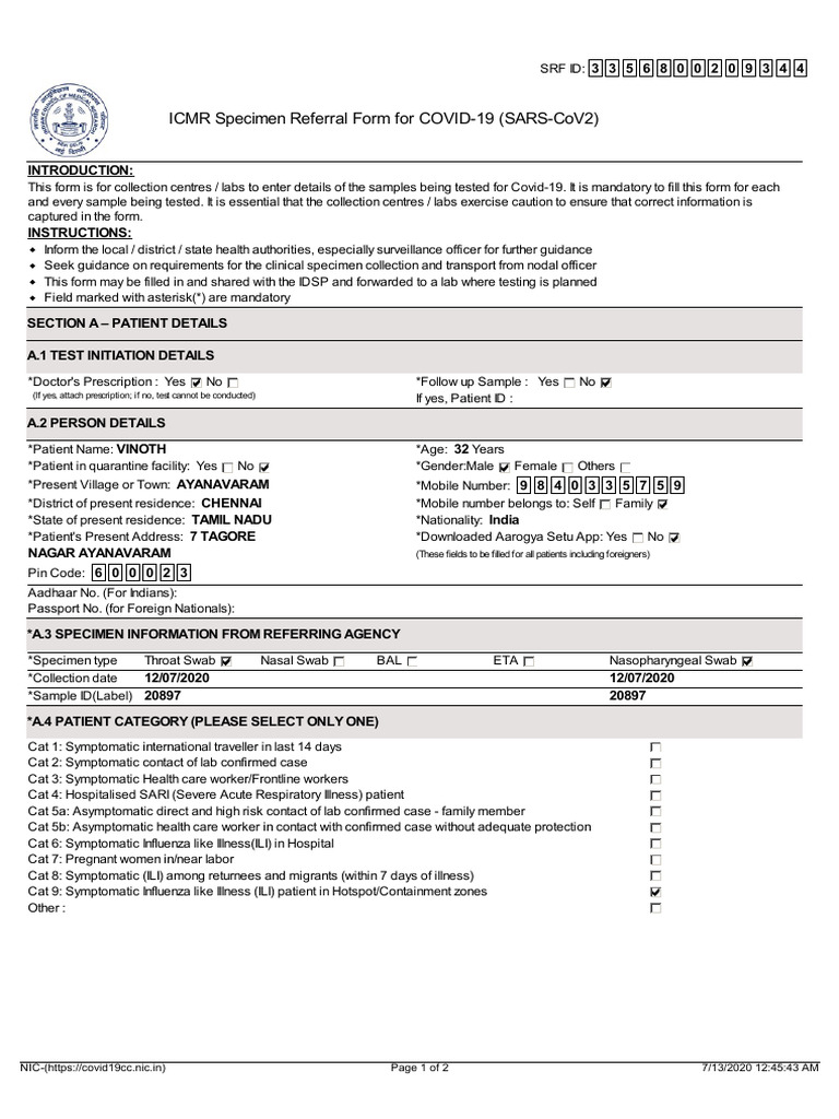 Icmr Specimen Referral Form For Covid-19 (Sars-Cov2) : (If Yes, Attach ...