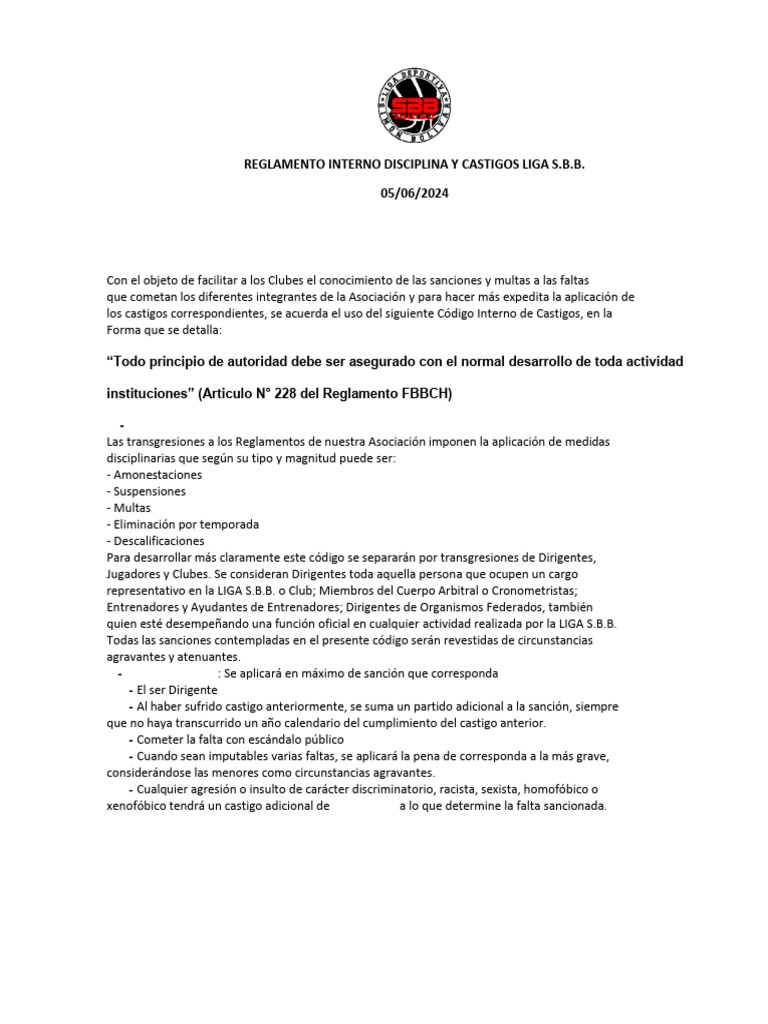 Reglamento Interno de Castigos Liga S.B.B. Oficial | PDF Reglamento Interno de Castigos Liga S.B.B. Oficial | PDF