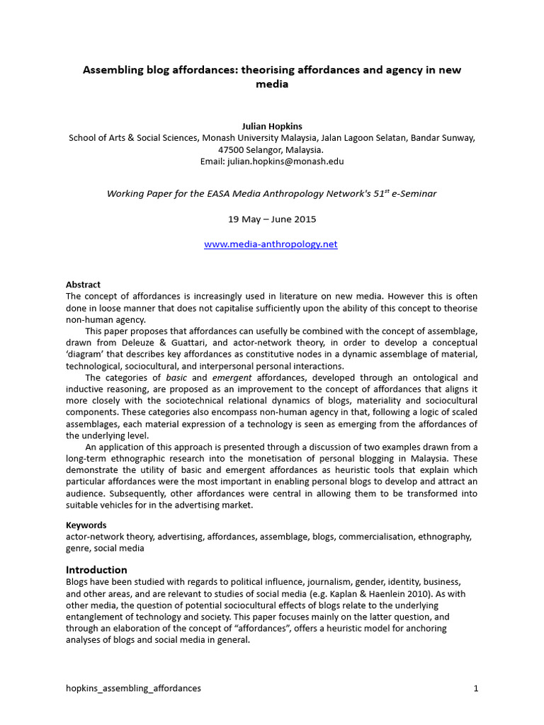 Hopkins - 2015 - Assembling Blog Affordances Theorising Affordance | PDF
