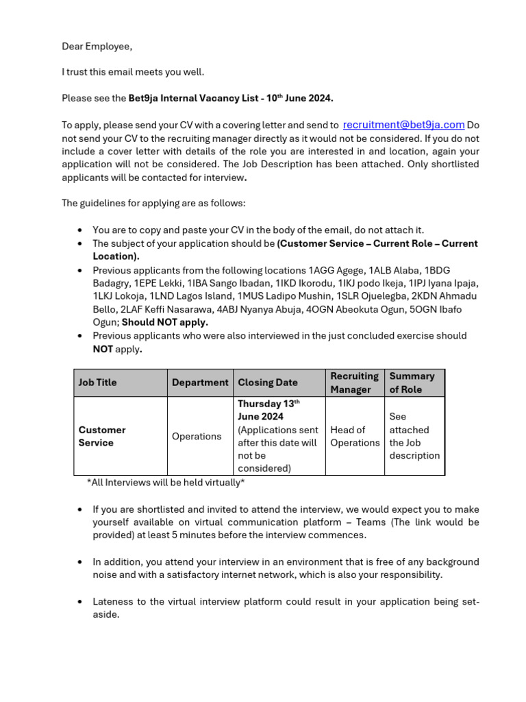 Internal Vacancy - Customer Service | PDF