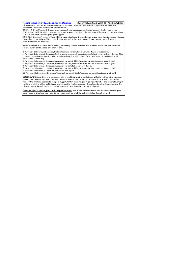 Saboteur Card Game Variants - Additional Rules | PDF