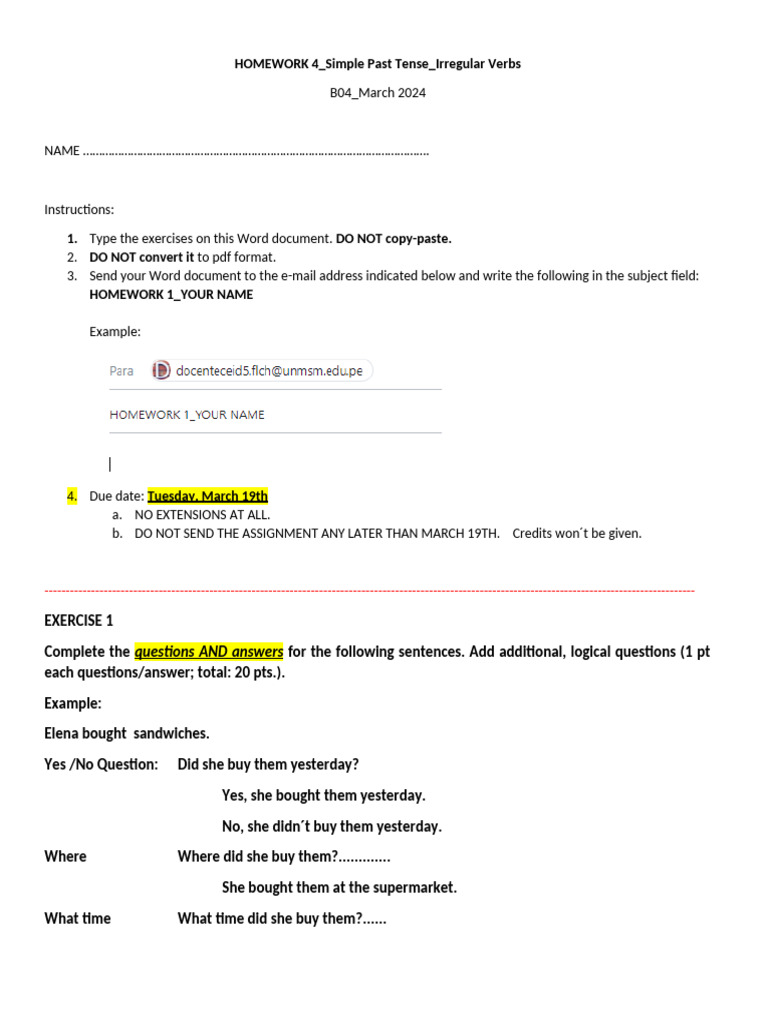 4. HOMEWORK_Simple Past Tense_Irregular Verbs | PDF