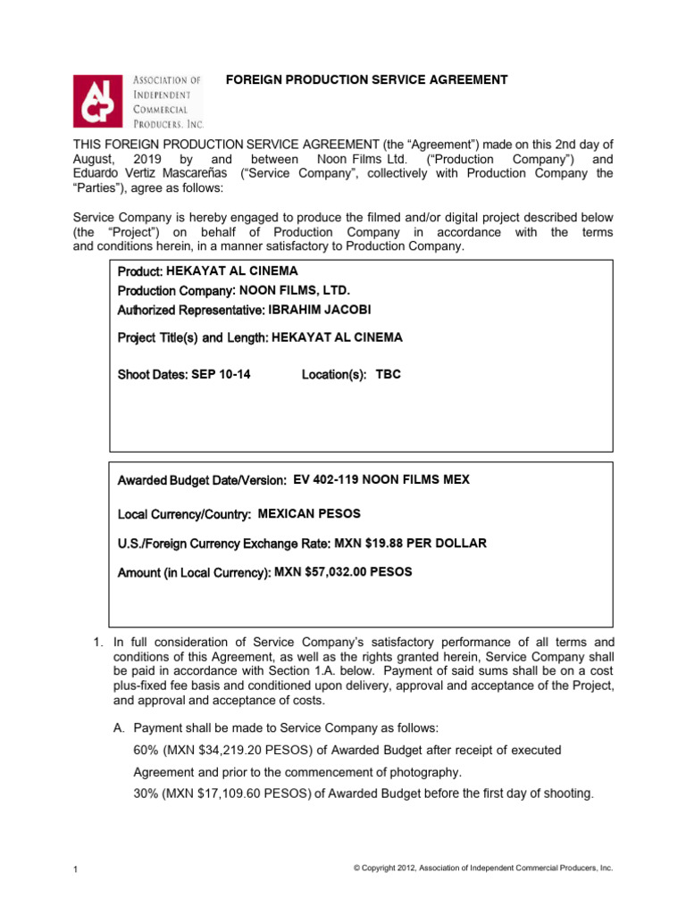 AICP Foreign Production Services Agreement | PDF