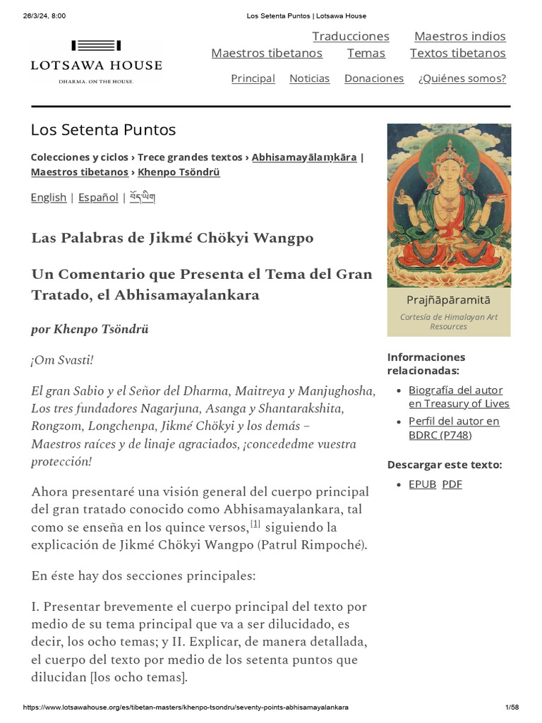 Prajnaparamita Abhisamayalankara Los Setenta Puntos Jigme Chokyi Wangpo ...