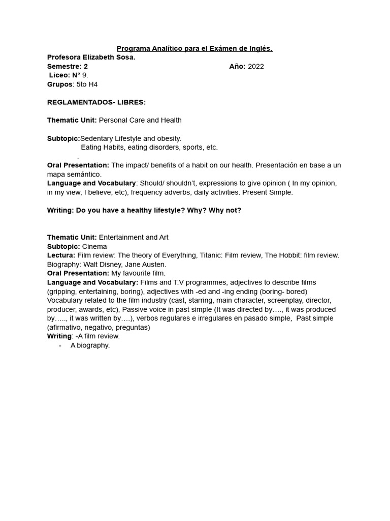 Programa Analítico para El Exámen de Inglés 5to h4 2022 L9 | PDF