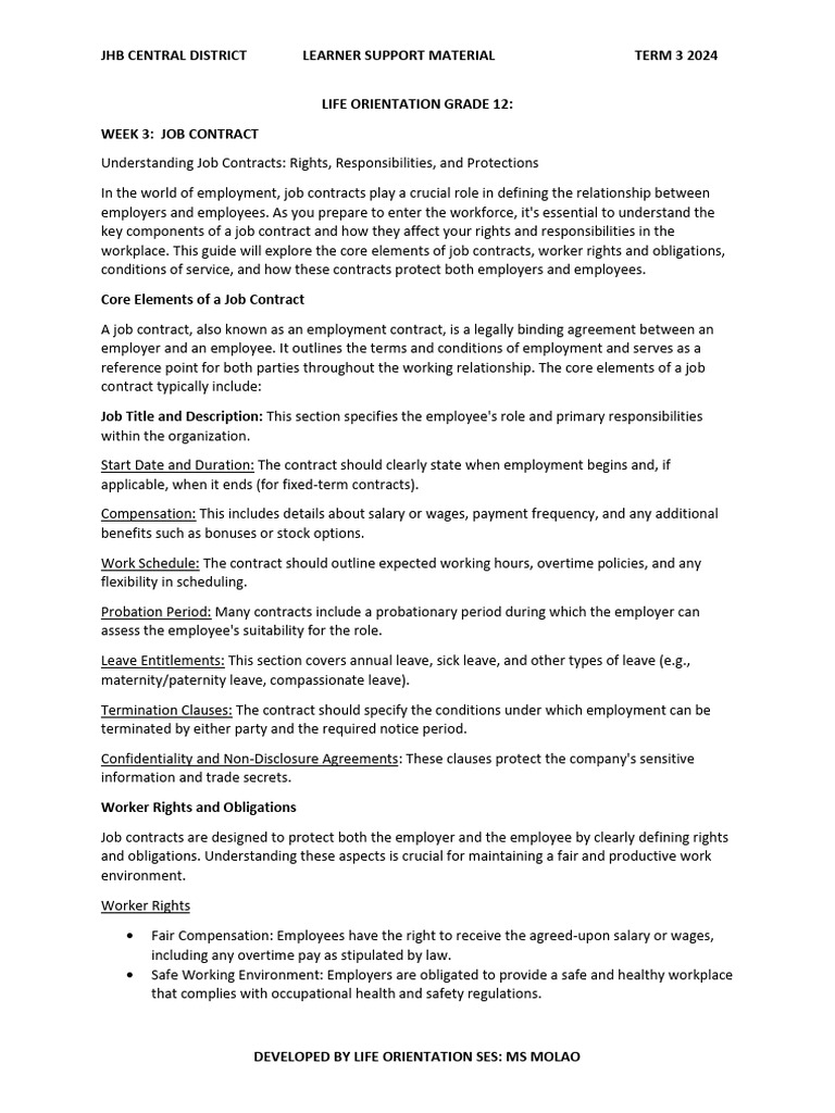 GRADE 12 Term 3 Week 3 THE JOB CONTRACT Notes & Informal Activities ...