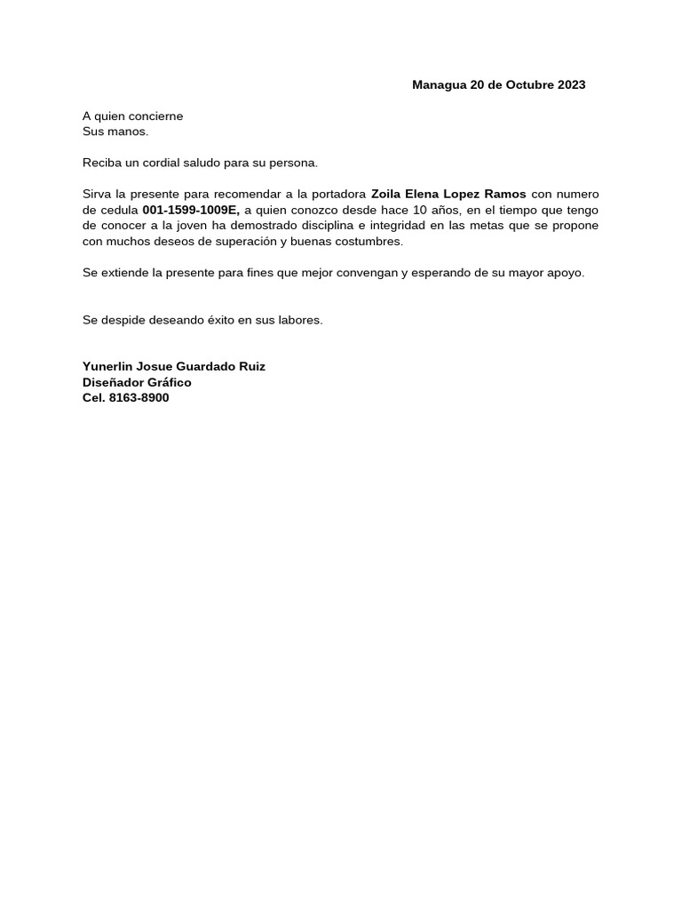 Carta Recomendacion Yuni | PDF