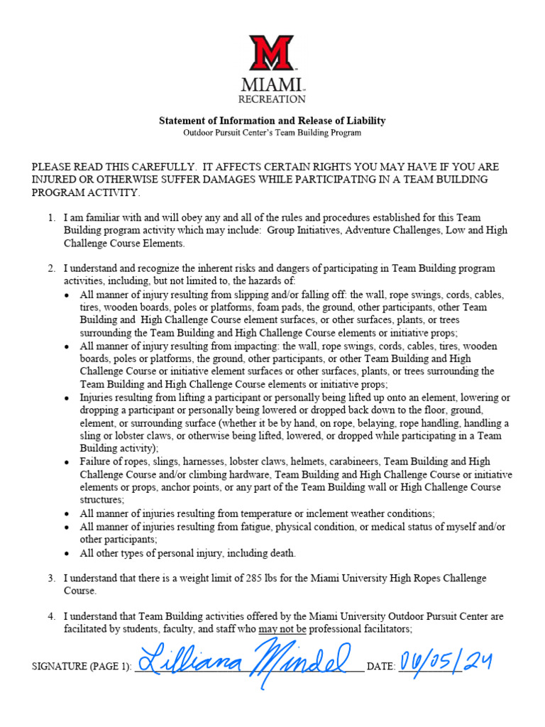4 - Miami University Team Building Waiver | PDF