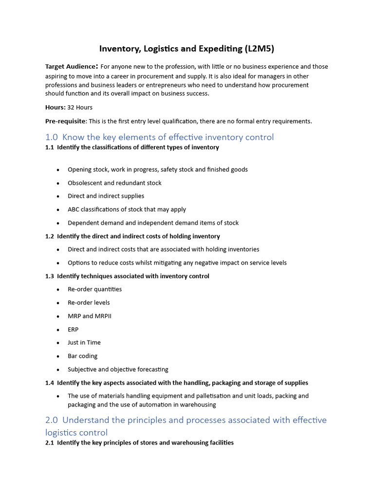 Inventory, Logistics and Expediting (L2M5) :: 1.0 Know The Key Elements of Effective Inventory ...