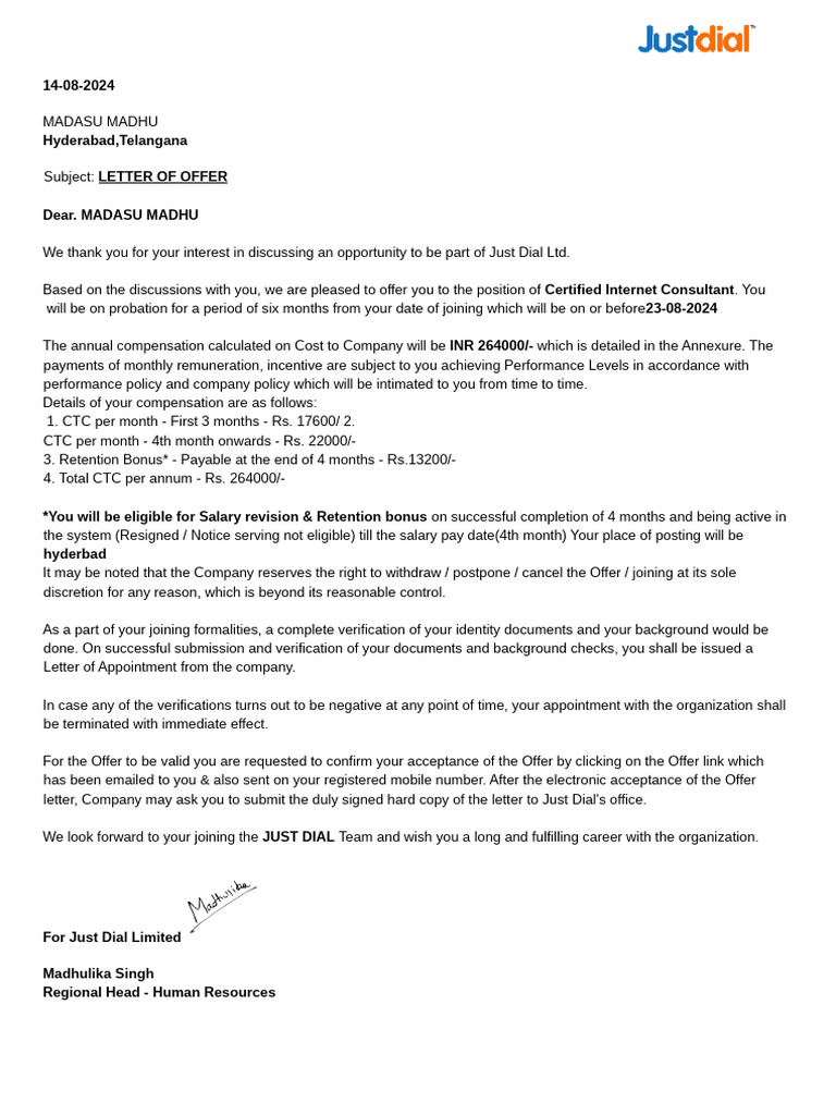 Justdial Offer Letter 1 | PDF | Salary | Taxes