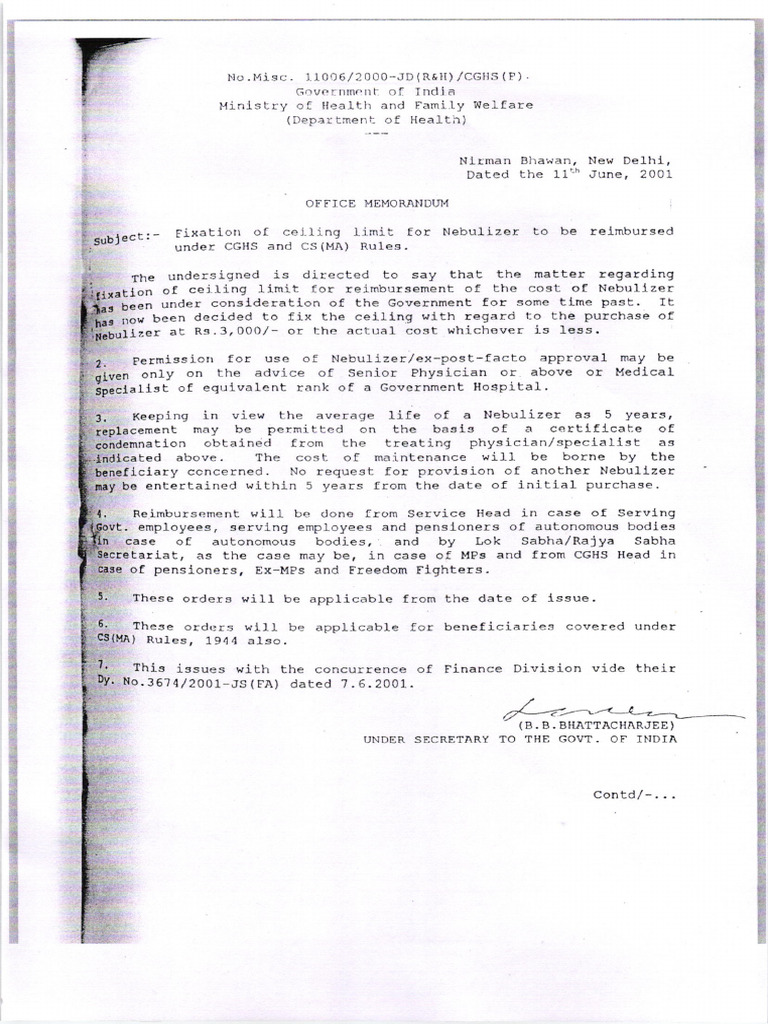 OM - Fixation of Ceiling Limit For Nebulizer To Be Reimbursed Under ...