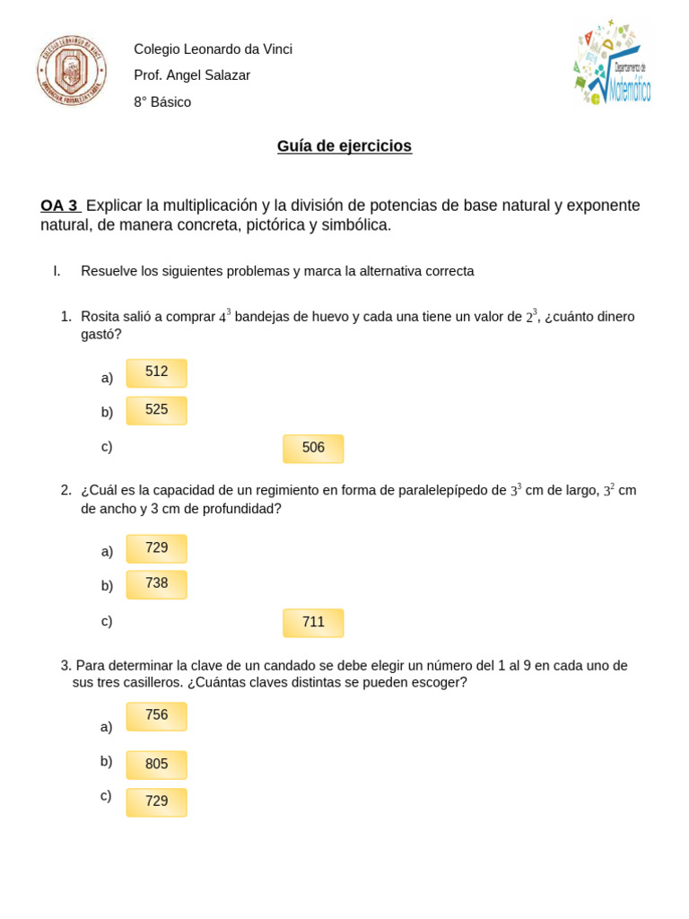 OA3 Potencias 8° Básico 2019 | PDF
