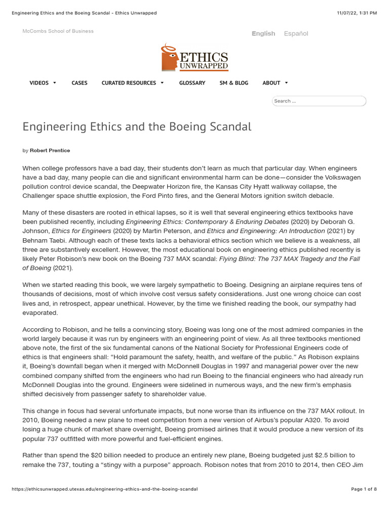 Prentice Engineering Ethics And The Boeing Scandal Ethics Unwrapped Pdf 9376
