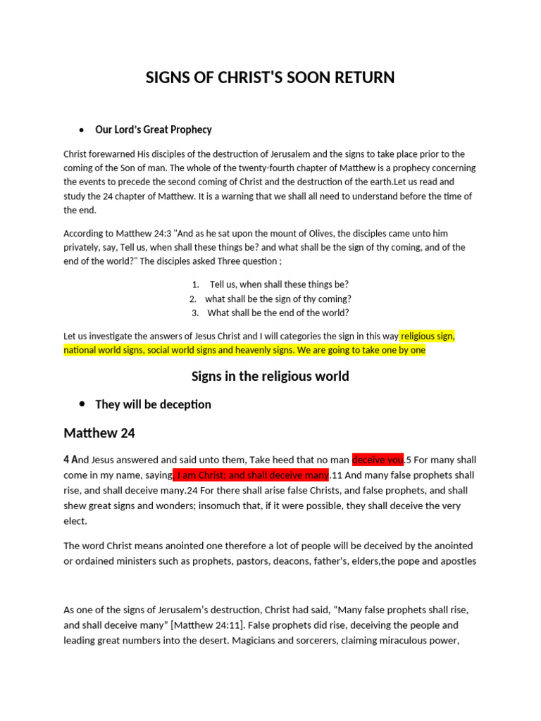 Signs of Christ Soon Return | PDF | Jesus | Gospel Of Matthew
