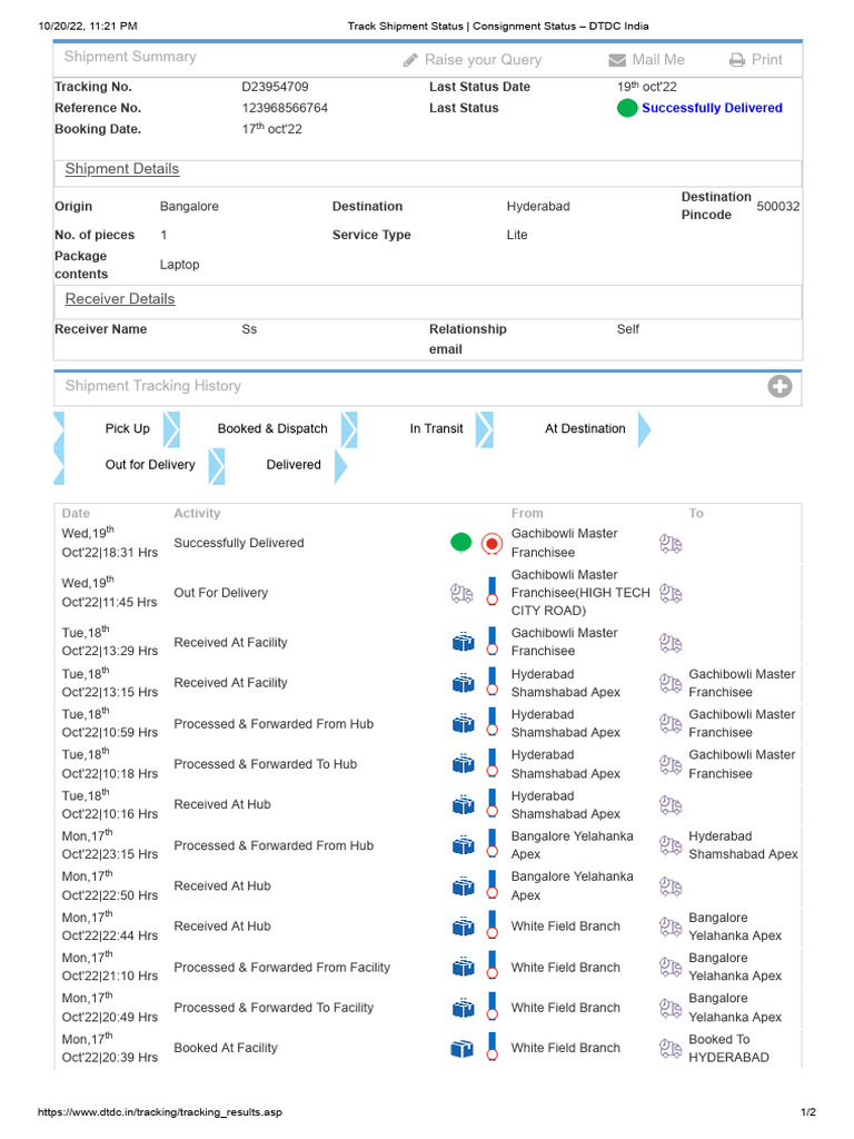 Track Shipment Status - Consignment Status - DTDC India | PDF