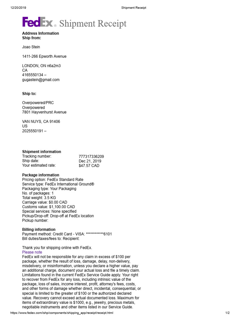 Shipment Receipt | PDF