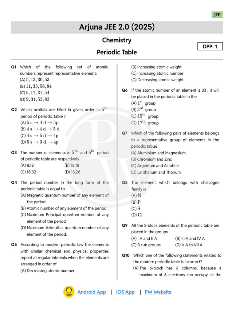 Periodic Table - DPP 01 (Of Lec 02) - Arjuna JEE 2.0 2025 | PDF