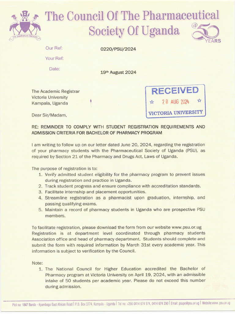 Received Copy by Victoria University - Reminder To Comply With Student ...