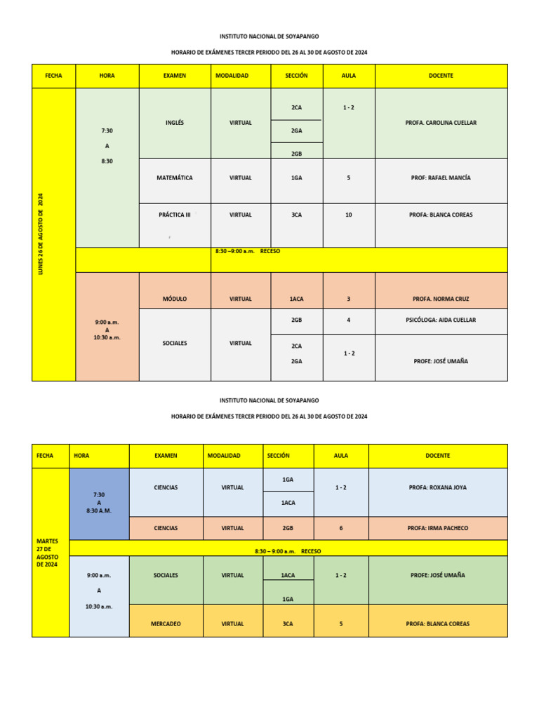 Horario de Examenes de Tercer Periodo 2024 | PDF