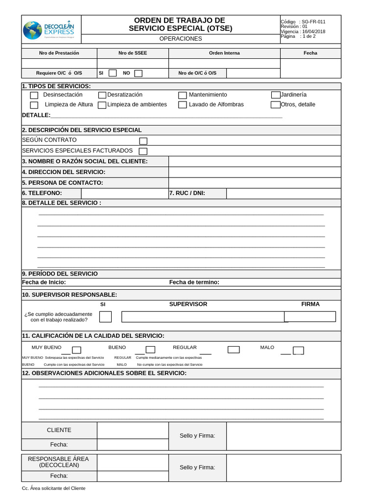 OP-FR-011 Orden de Trabajo de Servicio Especial (Rev 01) | PDF