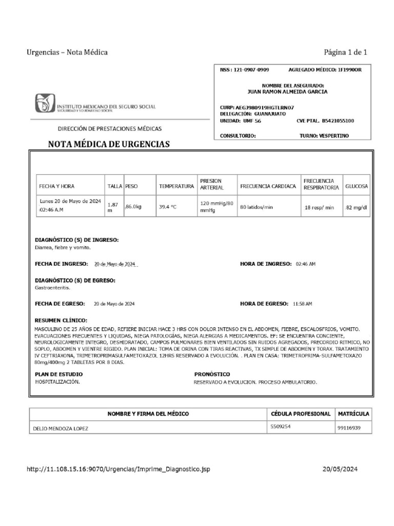 Nota Medica Urgencias 20.05.2024 | PDF