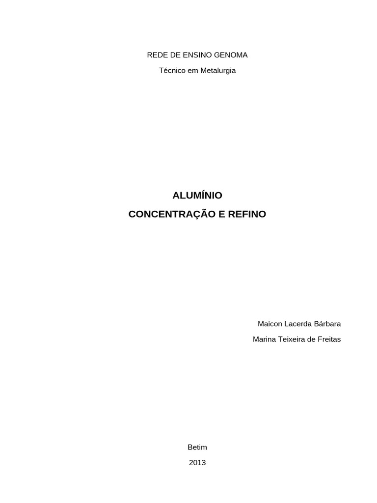 Alumínio - Concentração e Refino TCC | PDF