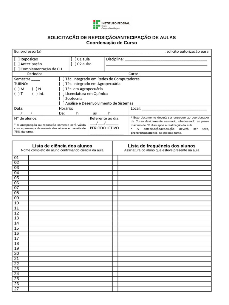 Formulario de Reposição e Anteposição de Aula | PDF